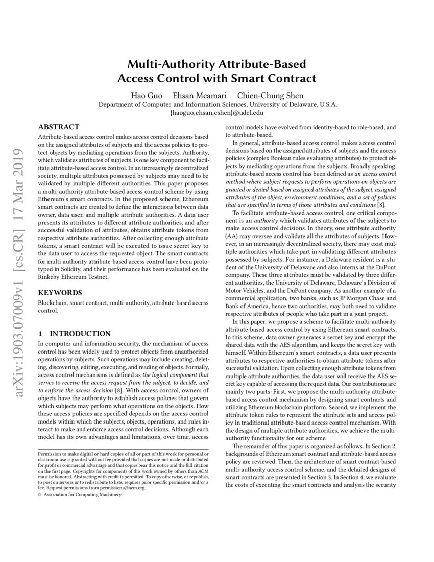 Multi Authority Attribute Based Access Control With Smart Contract Deepai