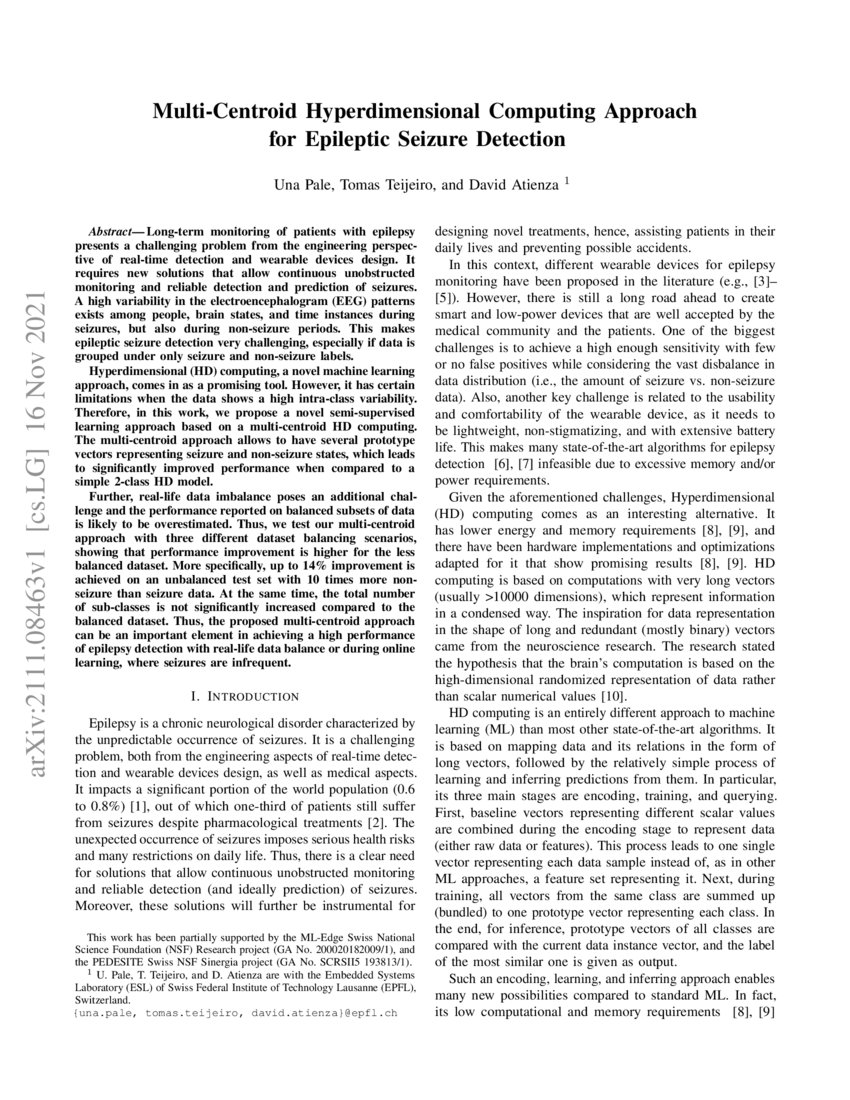 Multi-Centroid Hyperdimensional Computing Approach for Epileptic Seizure Detection | DeepAI