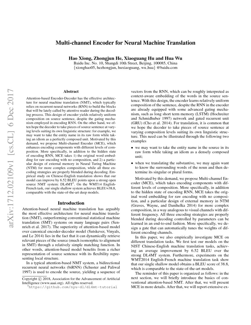 Multi-channel Encoder for Neural Machine Translation | DeepAI