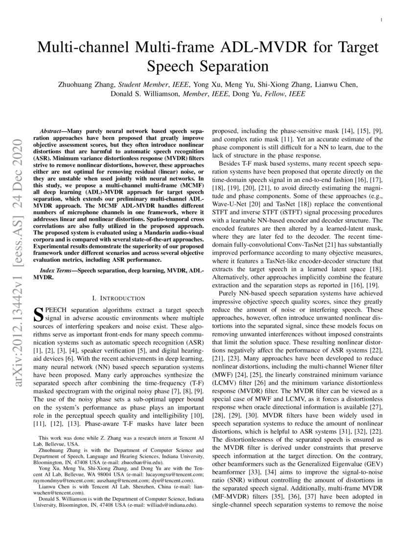 Multi-channel Multi-frame ADL-MVDR for Target Speech Separation | DeepAI