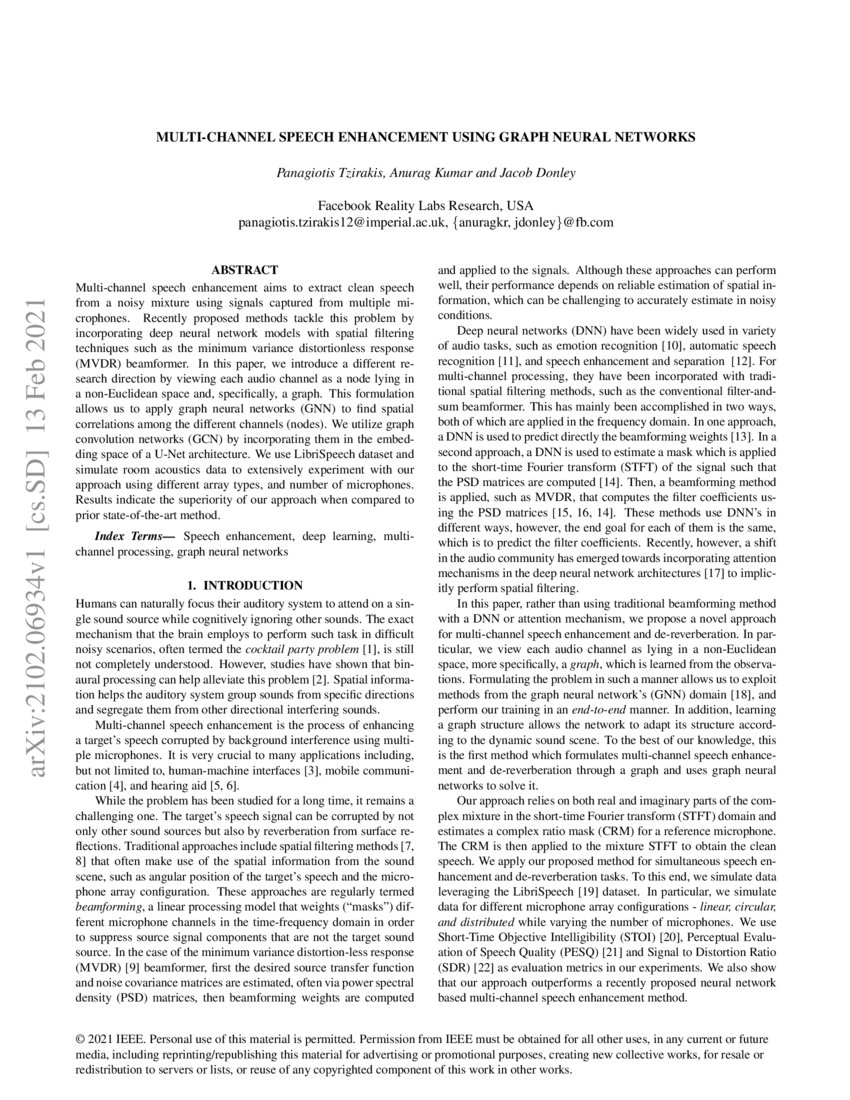 Multi-Channel Speech Enhancement using Graph Neural Networks | DeepAI