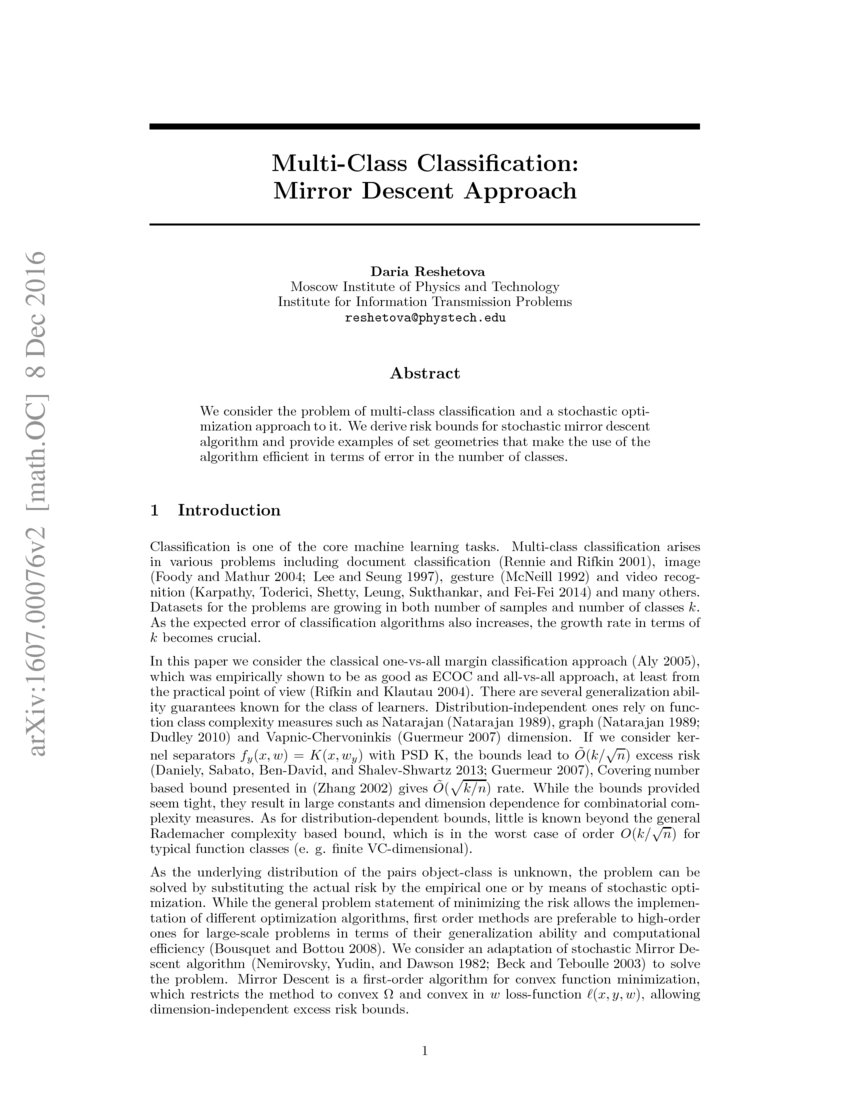 Multi Class Classification Mirror Descent Approach Deepai