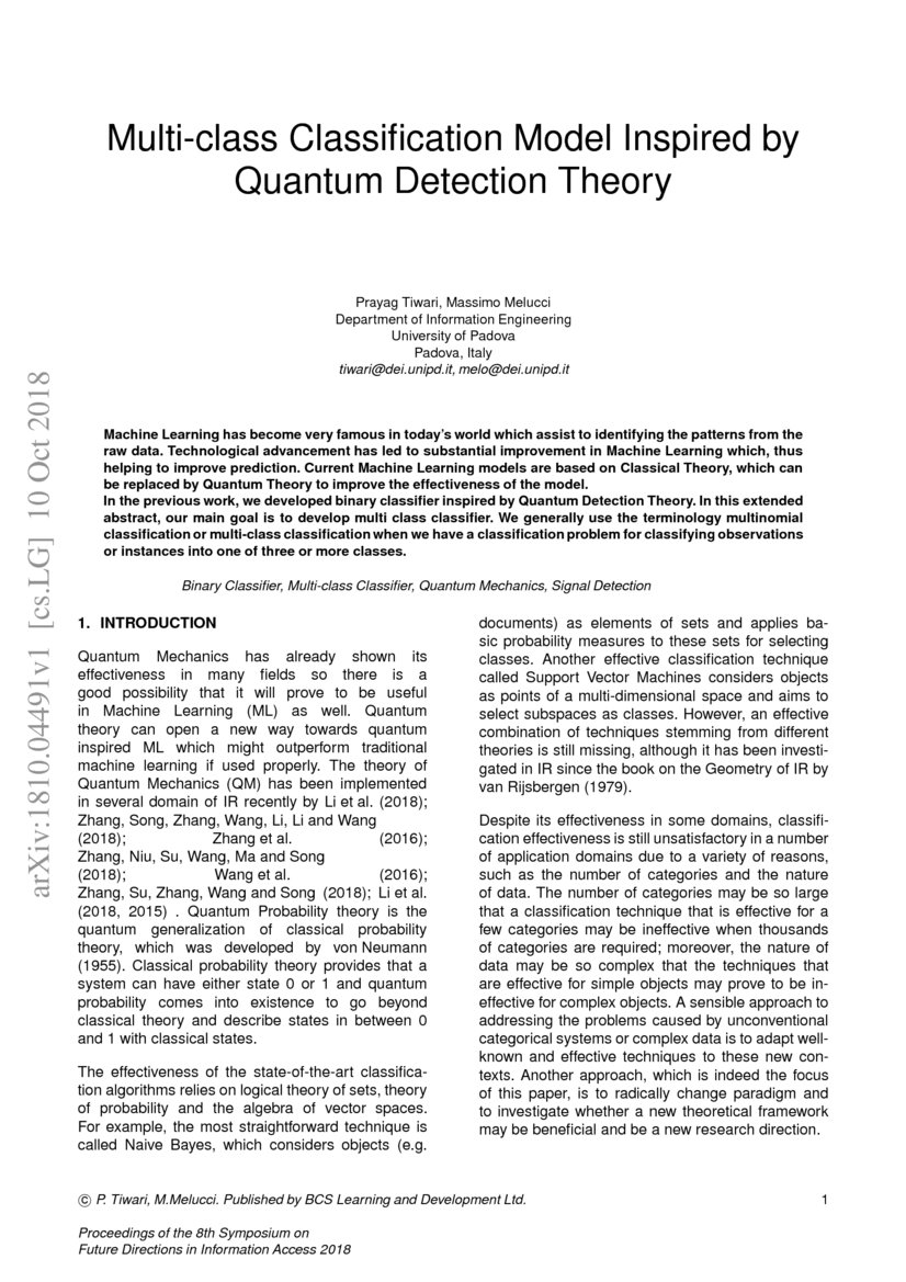 Multi-class Classification Model Inspired by Quantum Detection Theory ...