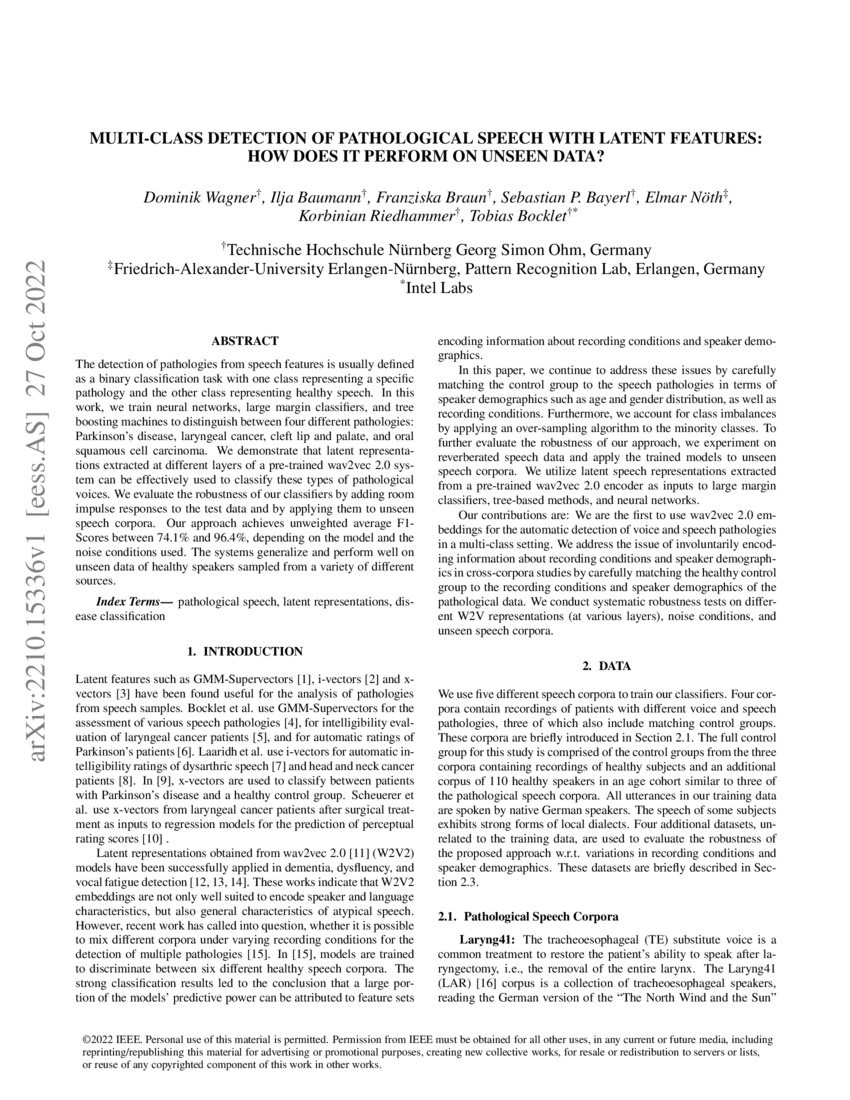Multi-class Detection of Pathological Speech with Latent Features: How does it perform on unseen ...