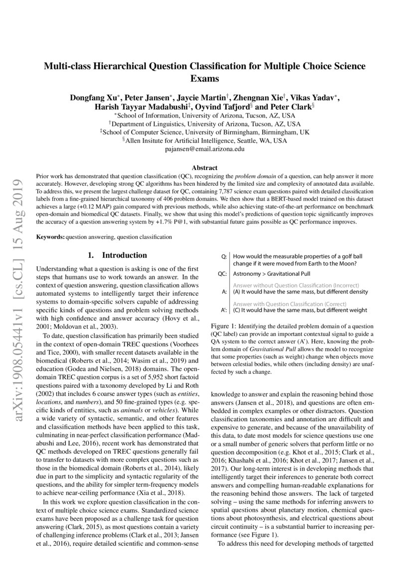 Multi-class Hierarchical Question Classification for Multiple Choice ...