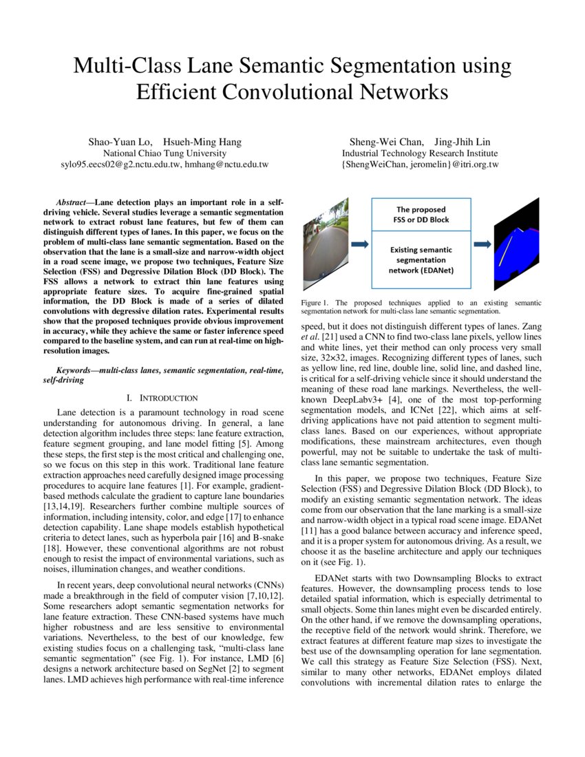 Multi-Class Lane Semantic Segmentation using Efficient Convolutional Networks | DeepAI