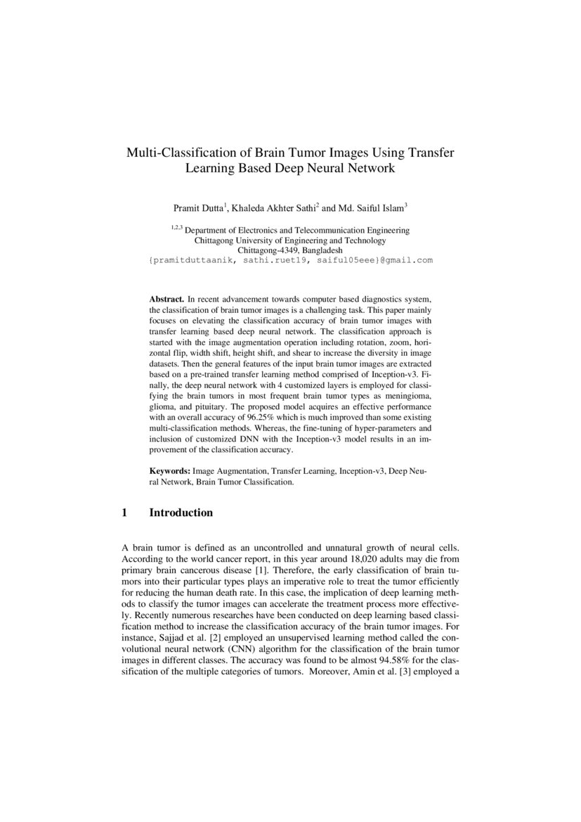 Multi Classification Of Brain Tumor Images Using Transfer Learning Based Deep Neural Network