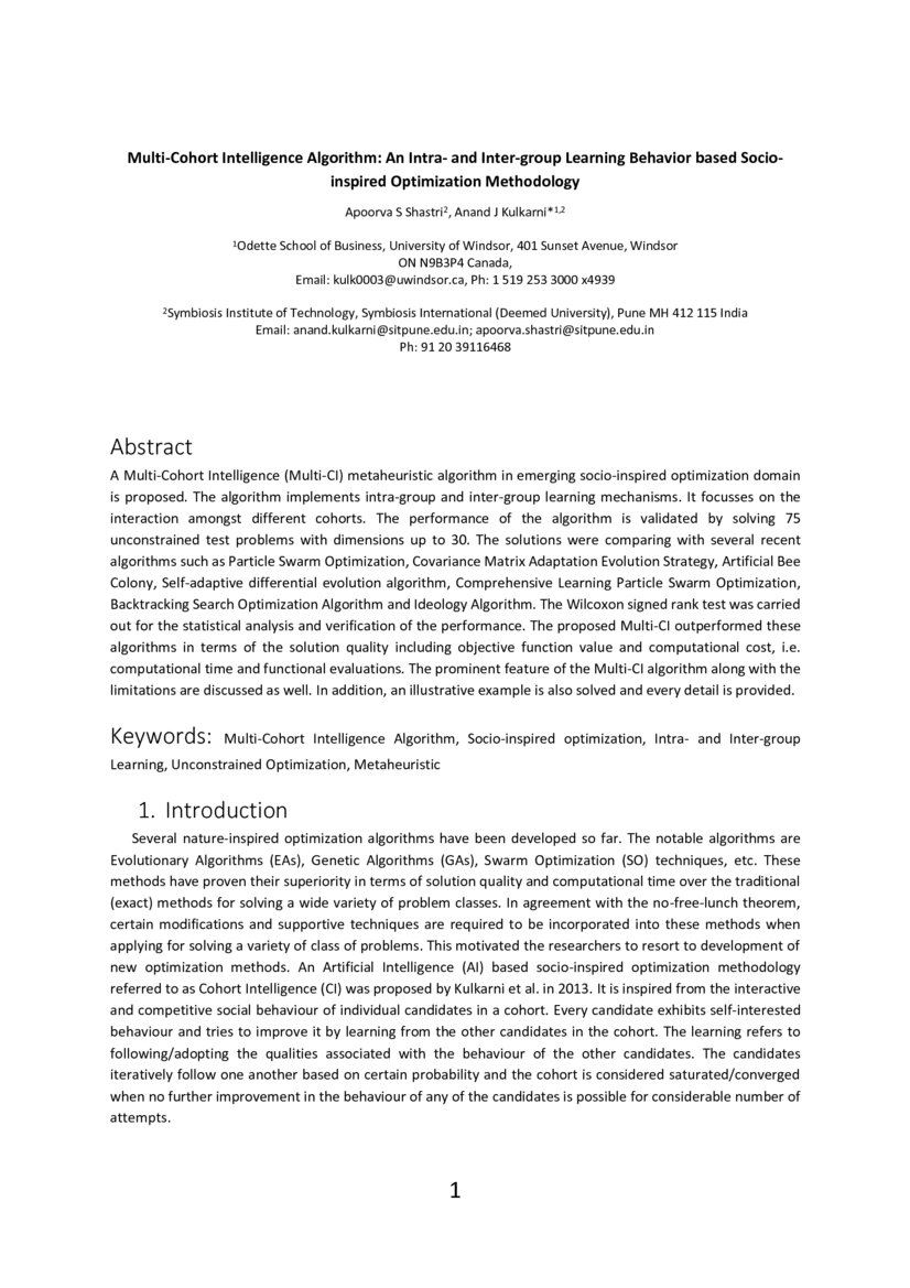 Multi Cohort Intelligence Algorithm An Intra And Inter Group Learning Behavior Based Socio