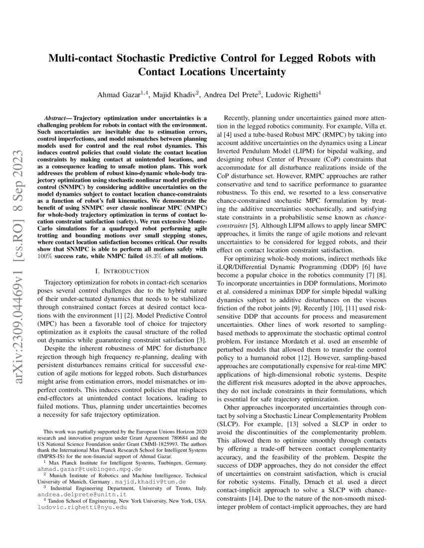 Multi Contact Stochastic Predictive Control For Legged Robots With
