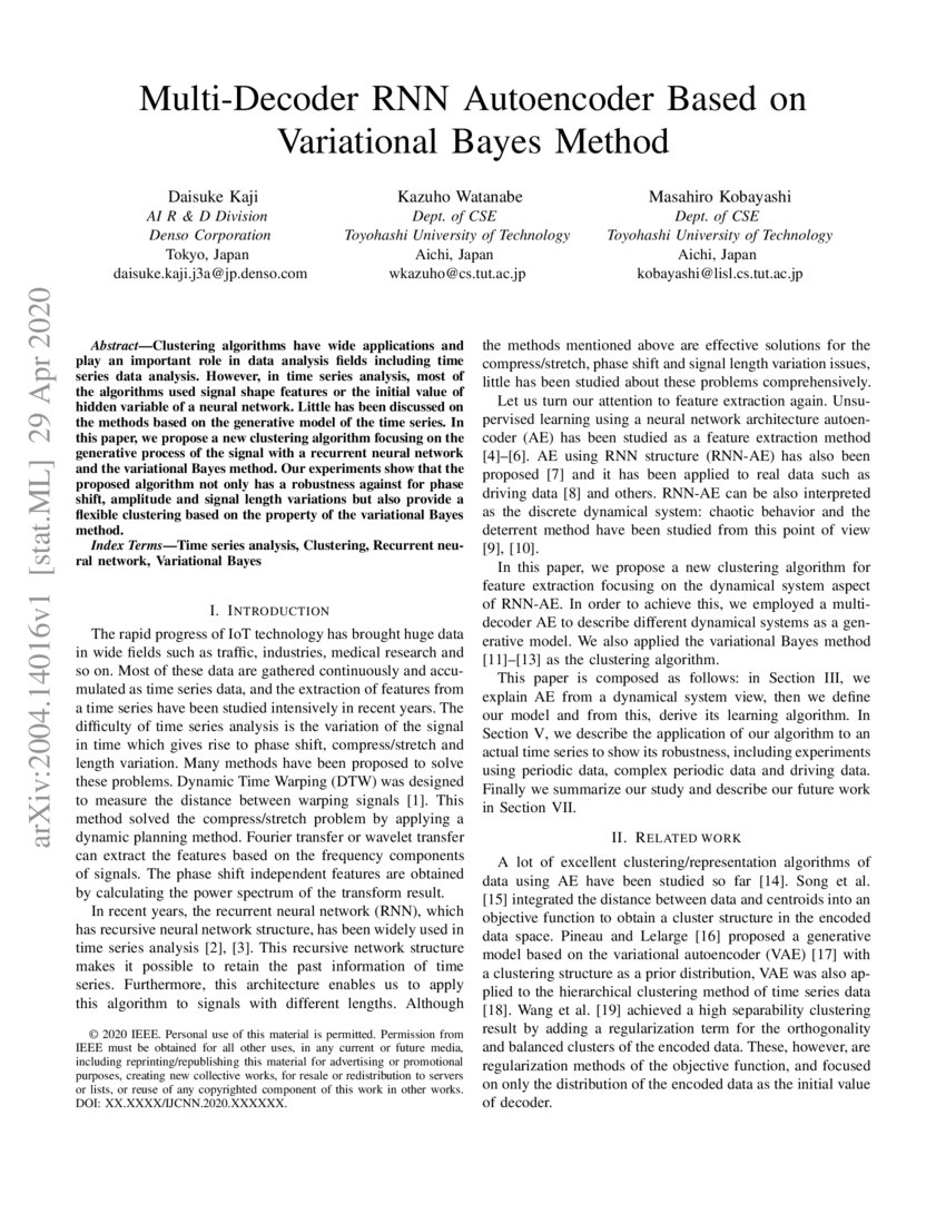 Multi Decoder Rnn Autoencoder Based On Variational Bayes Method Deepai