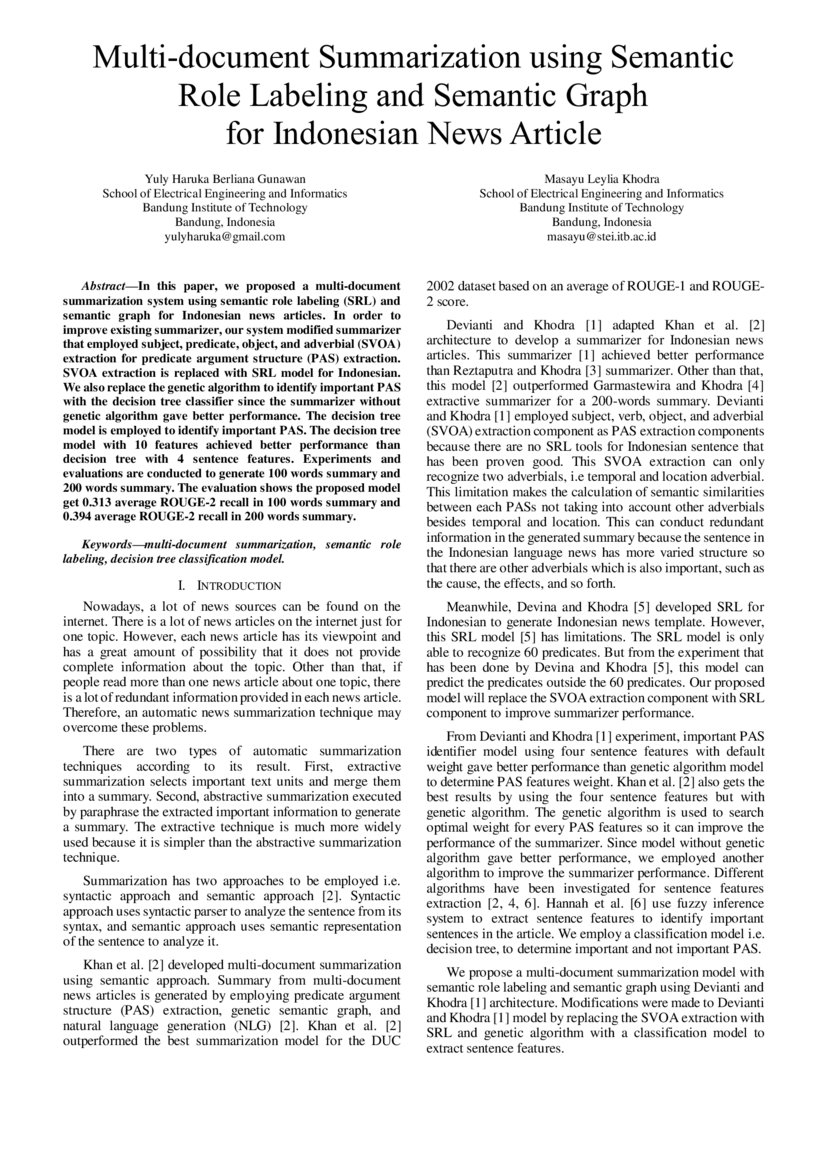 Multi Document Summarization Using Semantic Role Labeling And Semantic Graph For Indonesian News 