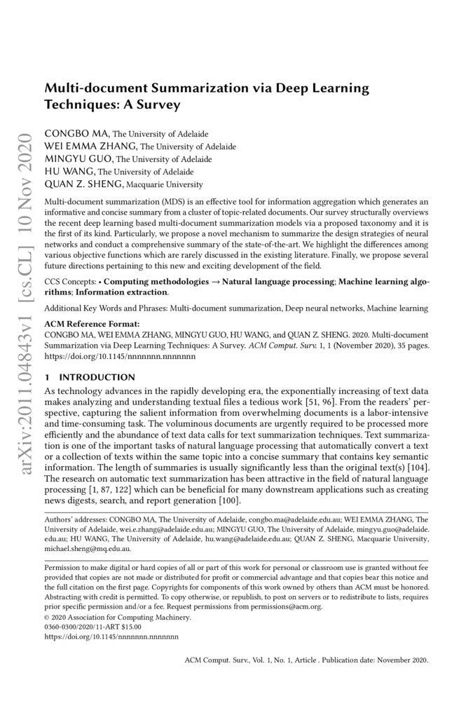 Multi Document Summarization Via Deep Learning Techniques A Survey