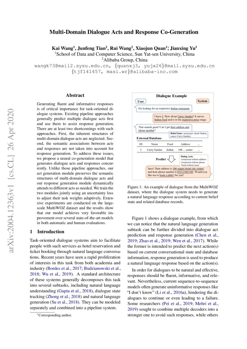 Multi-Domain Dialogue Acts and Response Co-Generation | DeepAI