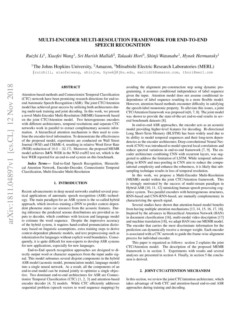 Multi-encoder multi-resolution framework for end-to-end speech recognition | DeepAI