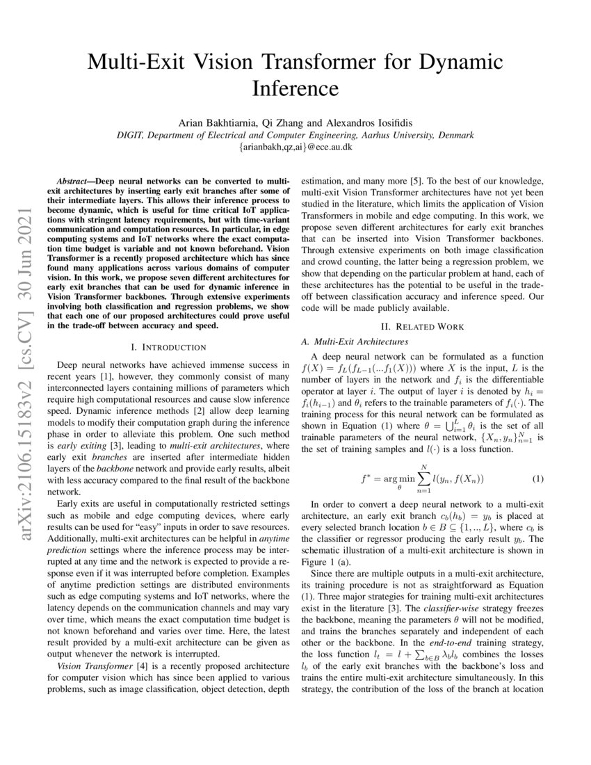 Multi-Exit Vision Transformer for Dynamic Inference | DeepAI