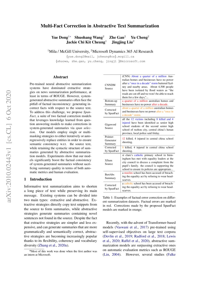 Multi Fact Correction In Abstractive Text Summarization Deepai