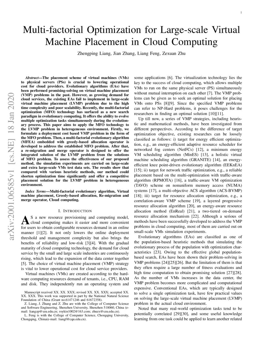 Multi Factorial Optimization For Large Scale Virtual Machine Placement In Cloud Computing Deepai 