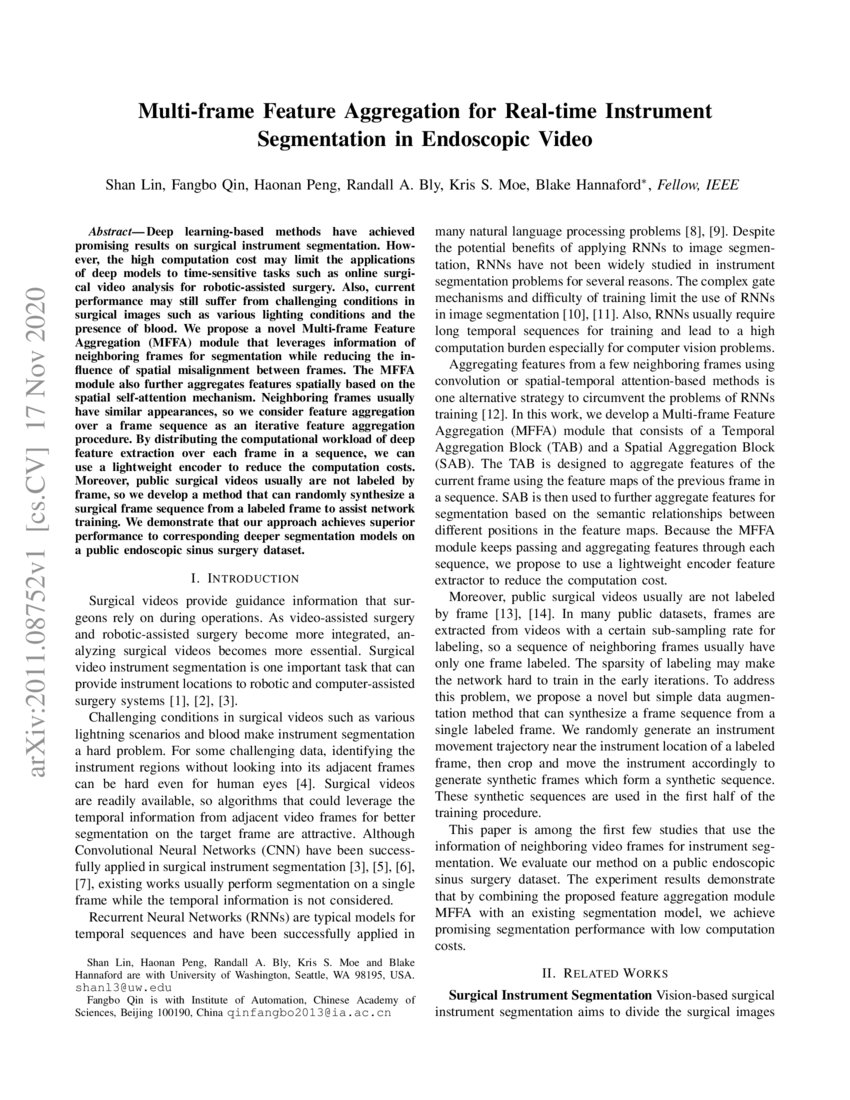 Multi Frame Feature Aggregation For Real Time Instrument Segmentation In Endoscopic Video Deepai