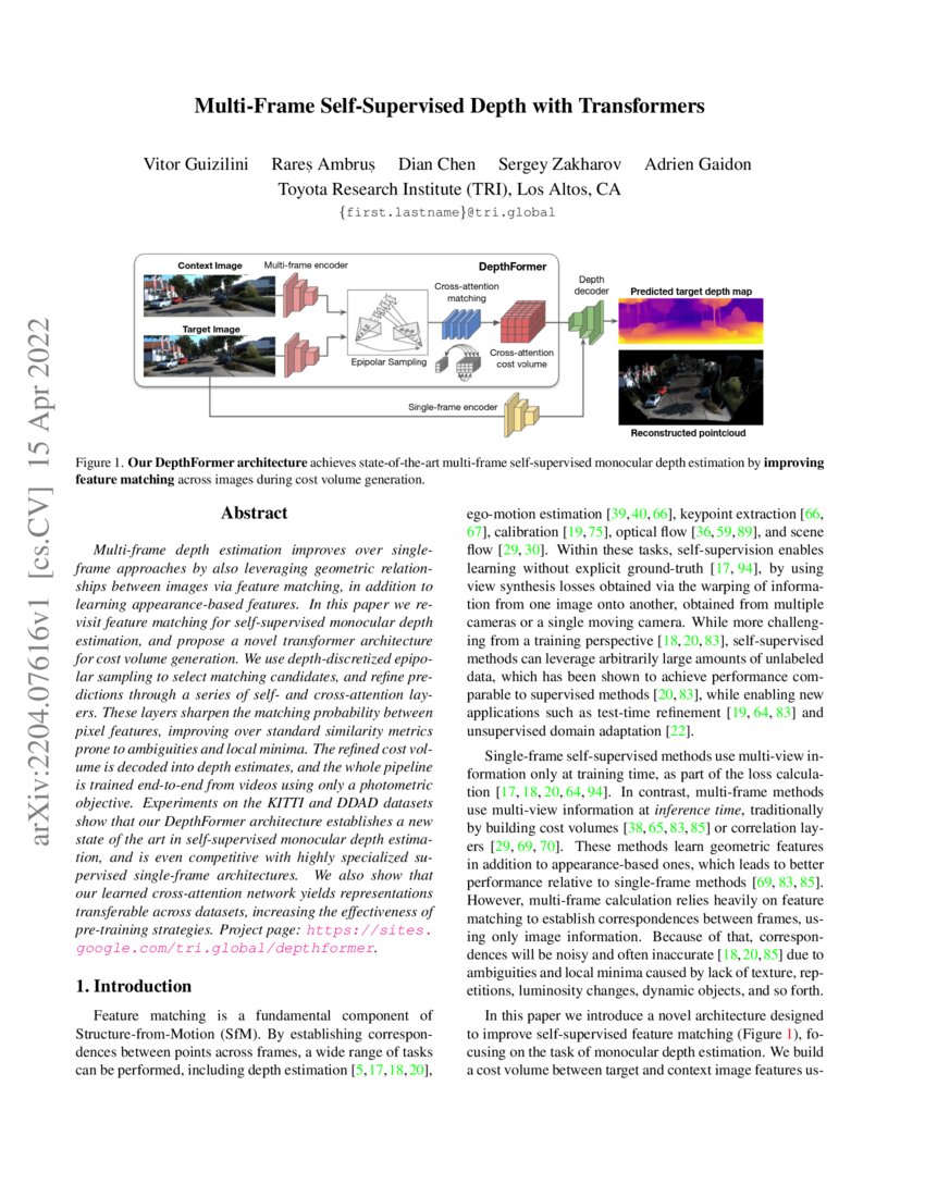 Multi-Frame Self-Supervised Depth with Transformers | DeepAI