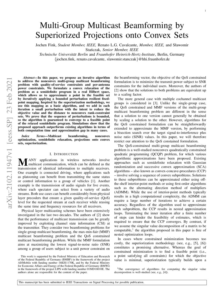 Multi Group Multicast Beamforming By Superiorized Projections Onto Convex Sets Deepai 4632