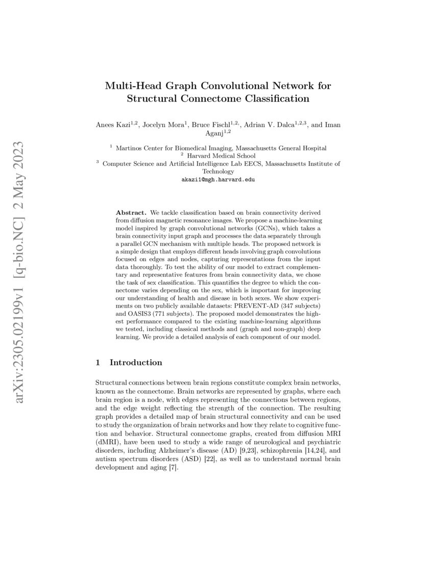 Multi Head Graph Convolutional Network For Structural Connectome Classification Deepai
