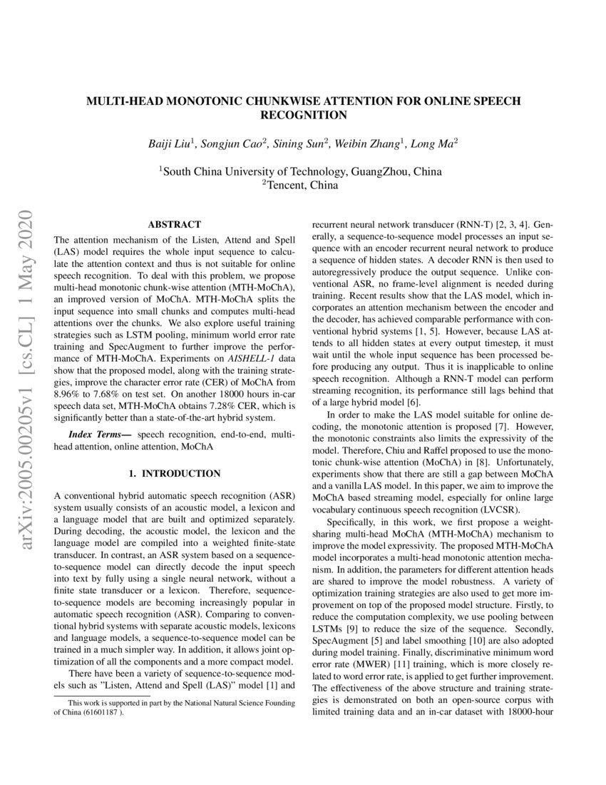Multi-head Monotonic Chunkwise Attention For Online Speech Recognition | DeepAI