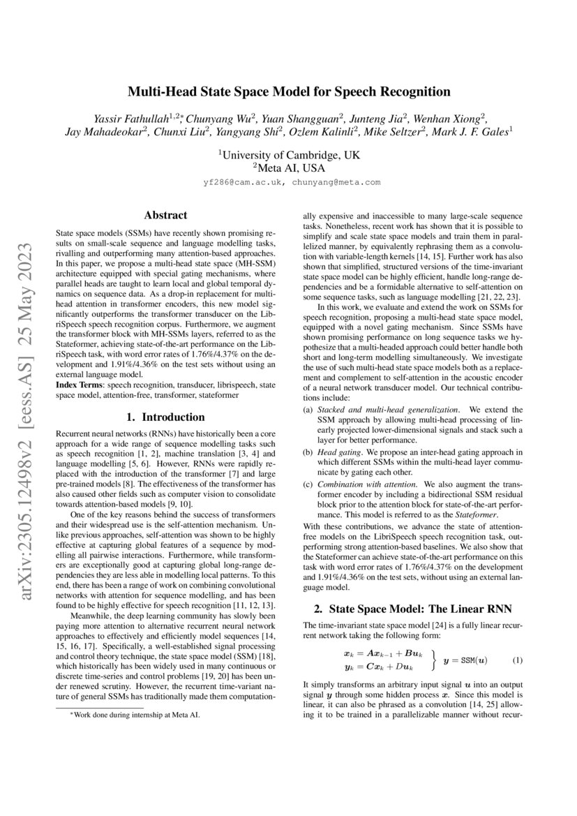 Multi-Head State Space Model for Speech Recognition | DeepAI