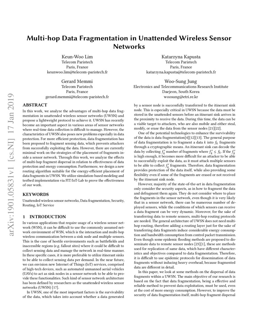 Multi Hop Data Fragmentation In Unattended Wireless Sensor Networks Deepai