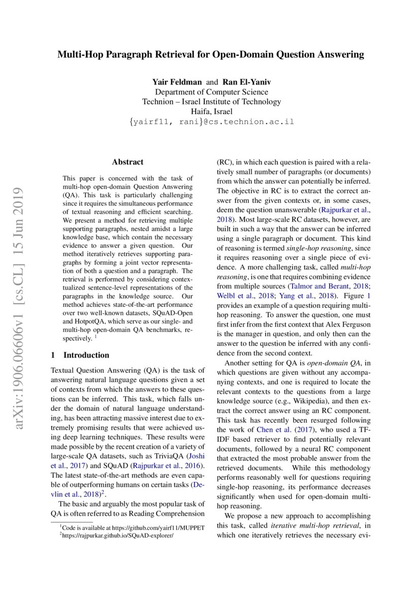 Multi-Hop Paragraph Retrieval for Open-Domain Question Answering | DeepAI