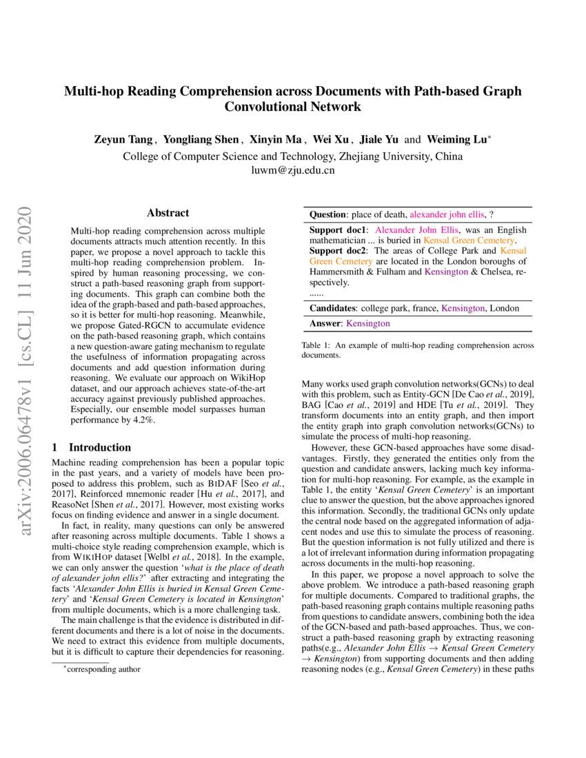 Multi-hop Reading Comprehension across Documents with Path-based Graph Convolutional Network ...