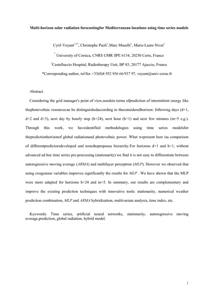 Multi-horizon solar radiation forecasting for Mediterranean locations ... Multi-horizon solar radiation forecasting for Mediterranean locations ...
