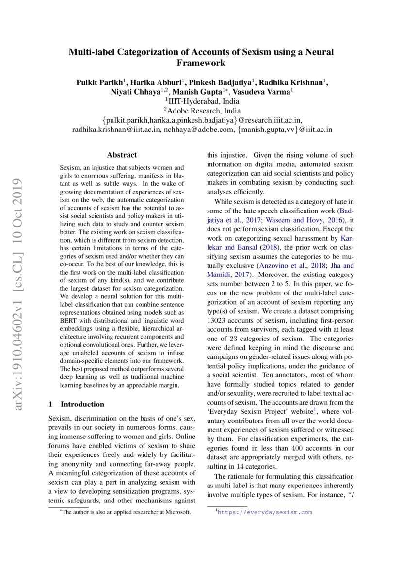 Multi Label Categorization Of Accounts Of Sexism Using A Neural 2546