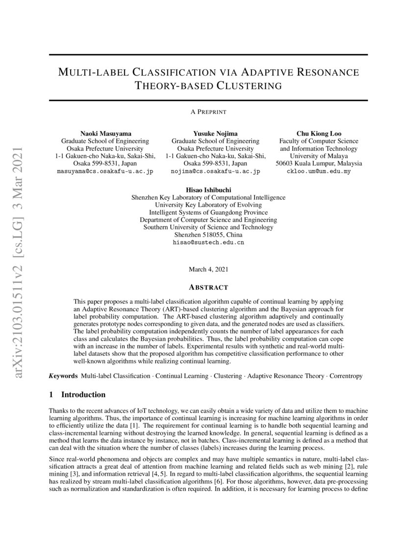 Multi Label Classification Via Adaptive Resonance Theory Based Clustering Deepai 