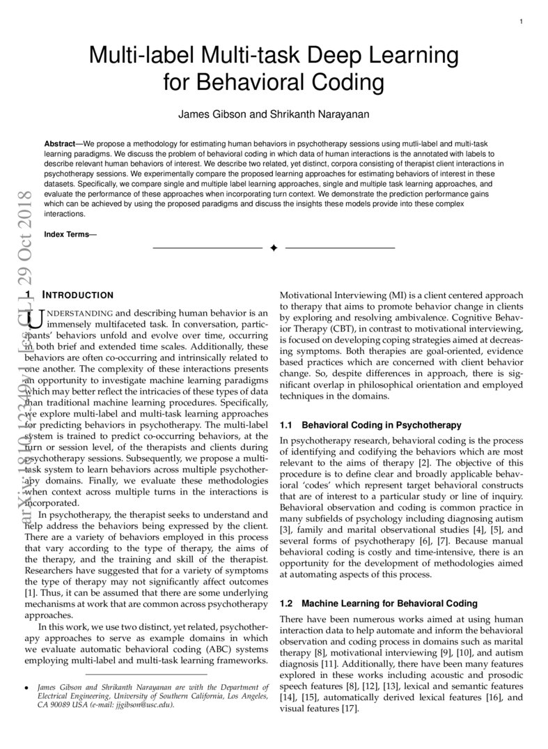 Multi-label Multi-task Deep Learning for Behavioral Coding | DeepAI