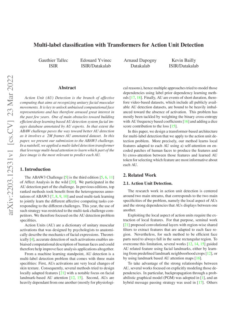 Multi-label Transformer for Action Unit Detection | DeepAI
