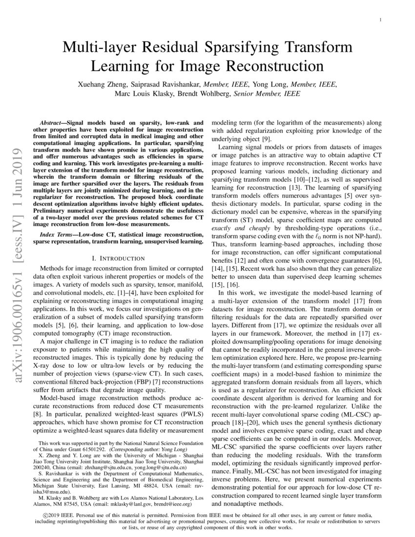 Multi-layer Residual Sparsifying Transform Learning for Image Reconstruction | DeepAI
