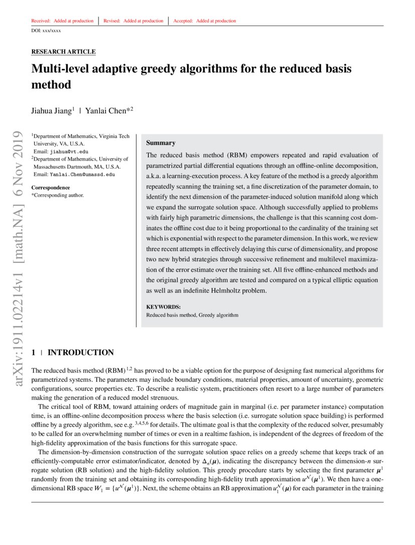 Multi Level Adaptive Greedy Algorithms For The Reduced Basis Method Deepai