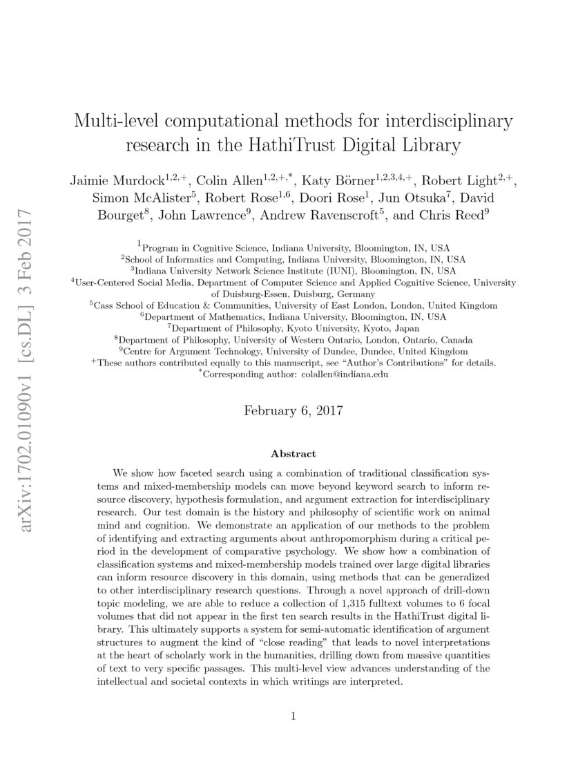 Multi-level computational methods for interdisciplinary research in the HathiTrust Digital ...