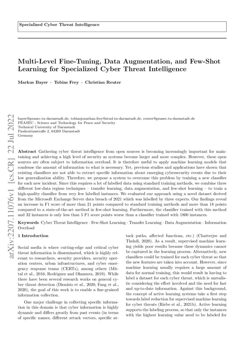 Multi-Level Fine-Tuning, Data Augmentation, and Few-Shot Learning for Specialized Cyber Threat ...