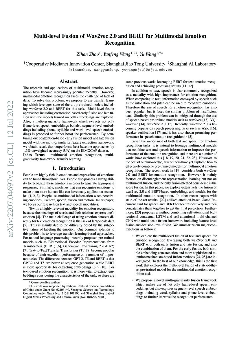 Multi-level Fusion of Wav2vec 2.0 and BERT for Multimodal Emotion Recognition | DeepAI