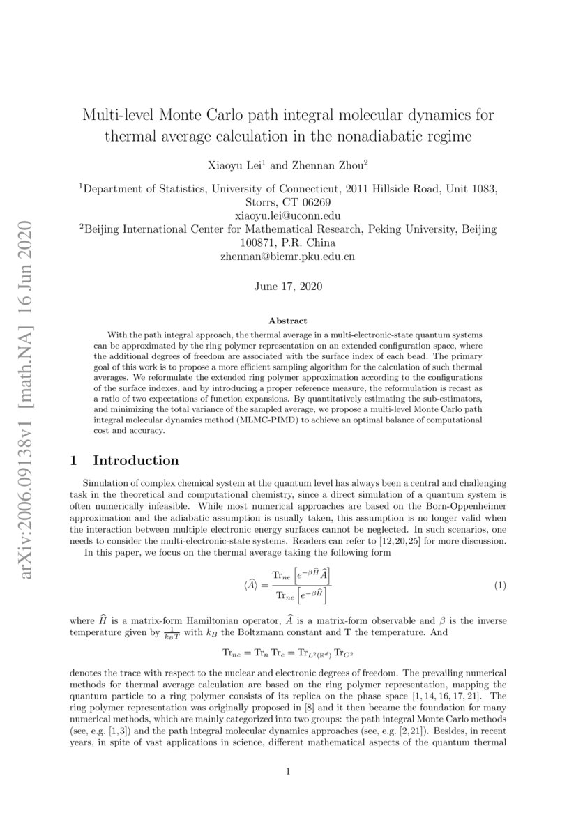 Multi-level Monte Carlo path integral molecular dynamics for thermal average calculation in the ...