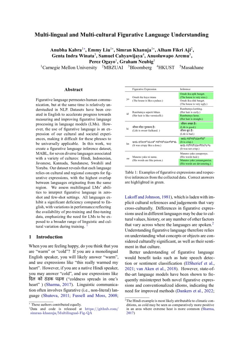 Multi-lingual and Multi-cultural Figurative Language Understanding | DeepAI