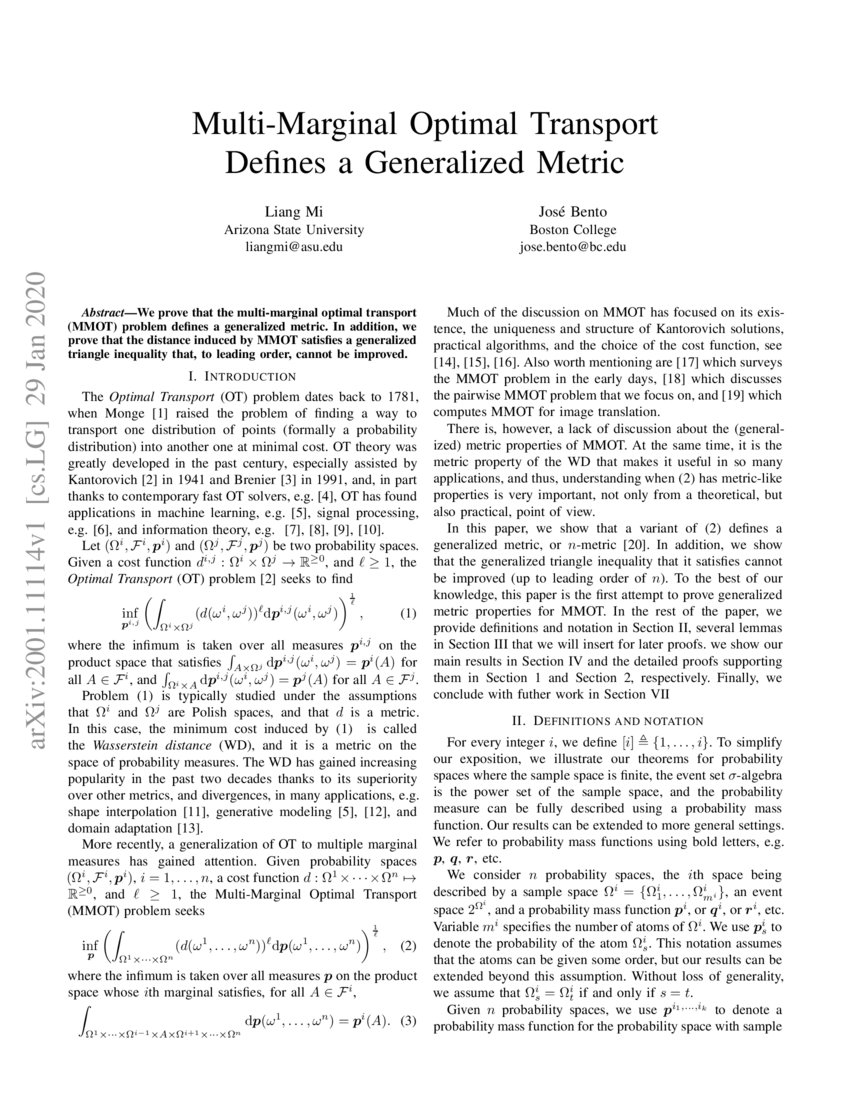 Multi-Marginal Optimal Transport Defines a Generalized Metric | DeepAI