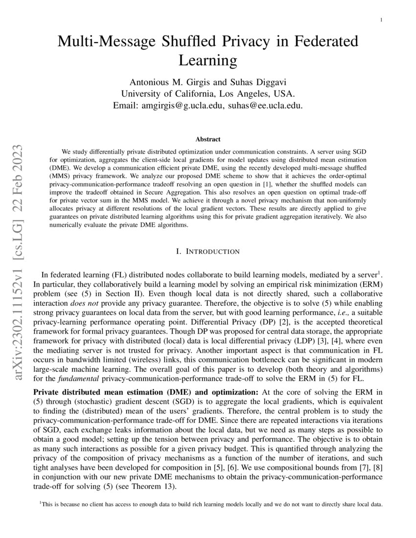 Multi-Message Shuffled Privacy in Federated Learning | DeepAI