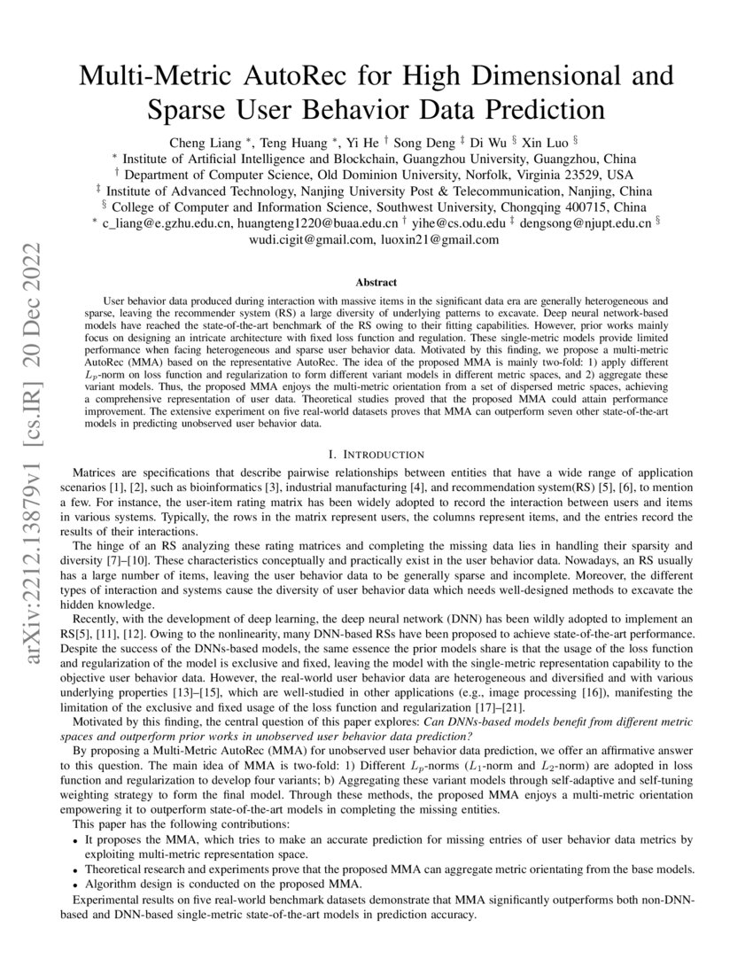 Multi Metric Autorec For High Dimensional And Sparse User Behavior Data Prediction Deepai