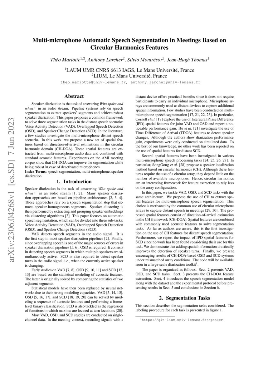 Multi-microphone Automatic Speech Segmentation in Meetings Based on Circular Harmonics Features ...
