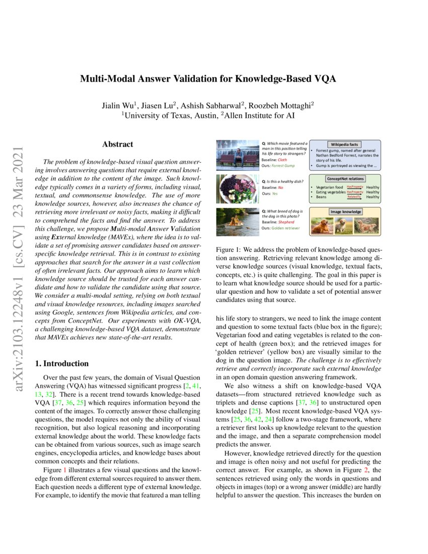 Multi Modal Answer Validation For Knowledge Based Vqa Deepai