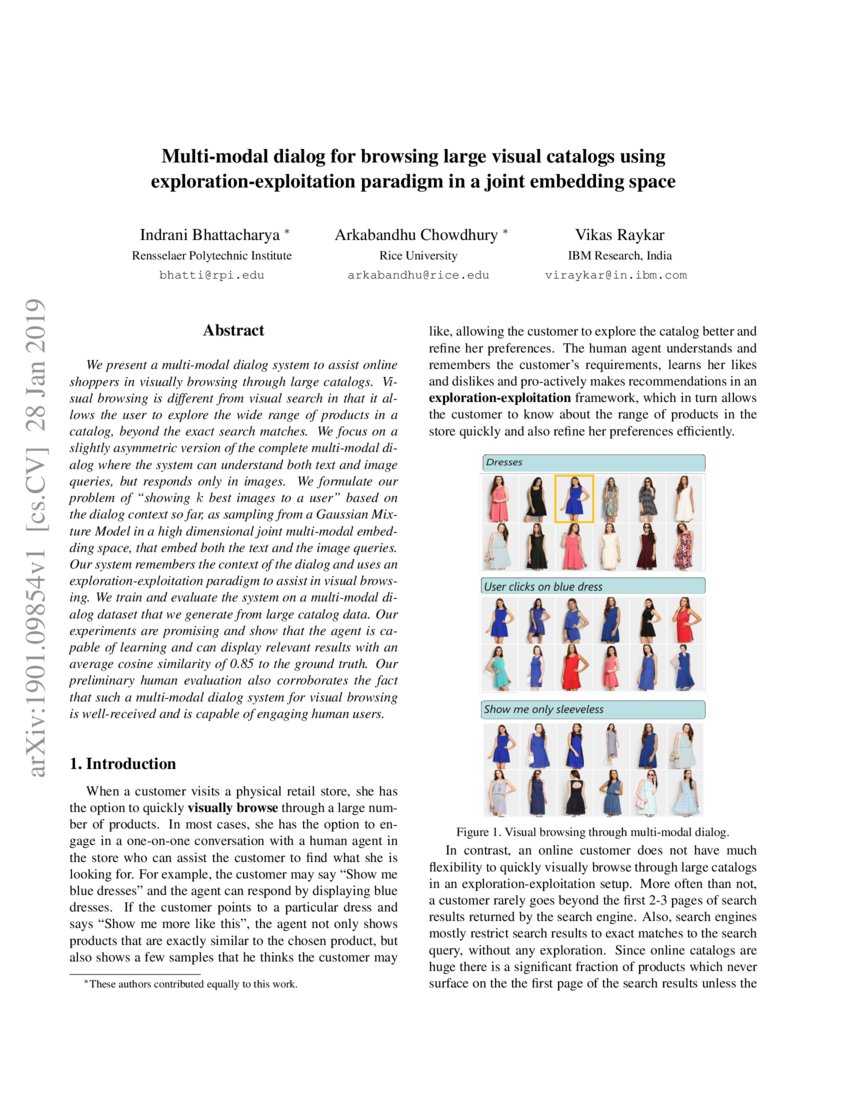 Multi Modal Dialog For Browsing Large Visual Catalogs Using Exploration Exploitation Paradigm In