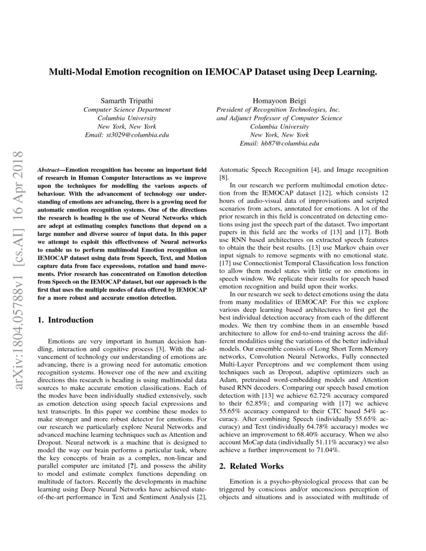 Multi Modal Emotion Recognition On Iemocap Dataset Using Deep Learning