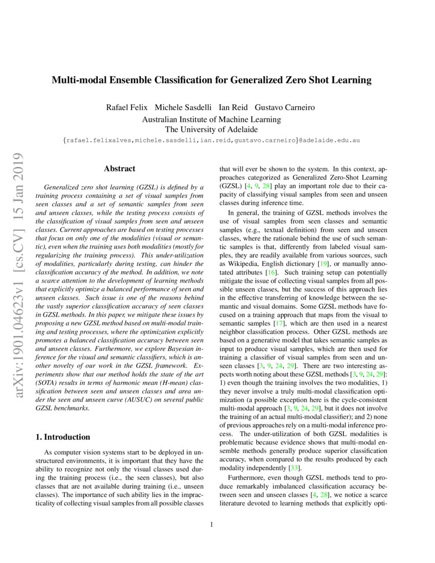 Multi-modal Ensemble Classification for Generalized Zero Shot Learning | DeepAI